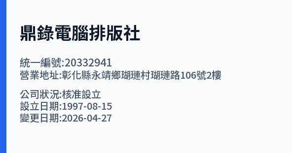 鼎錄電腦排版社的照片-統編 20332941(彰化縣) 公司登記資料與營業項目詳細圖表