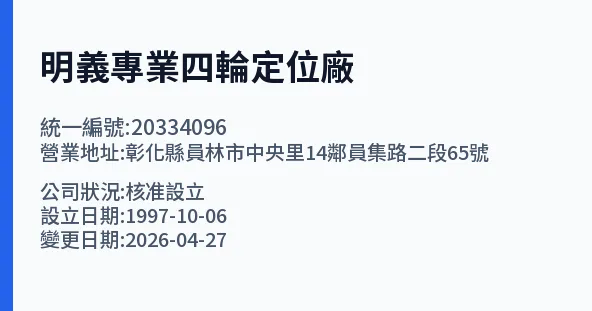 明義專業四輪定位廠的照片-統編 20334096(彰化縣) 公司登記資料與營業項目詳細圖表