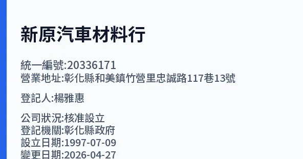 新原汽車材料行的照片-統編 20336171(彰化縣) 公司登記資料與營業項目詳細圖表