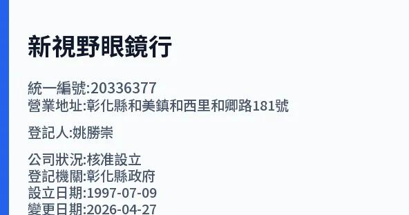 新視野眼鏡行的照片-統編 20336377(彰化縣) 公司登記資料與營業項目詳細圖表