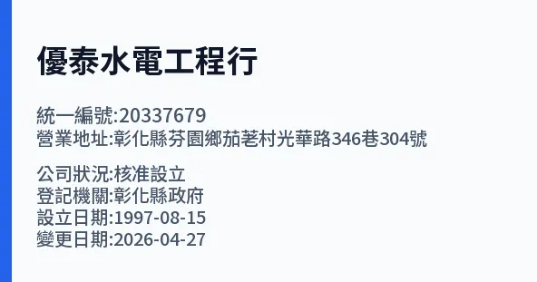 優泰水電工程行的照片-統編 20337679(彰化縣) 公司登記資料與營業項目詳細圖表
