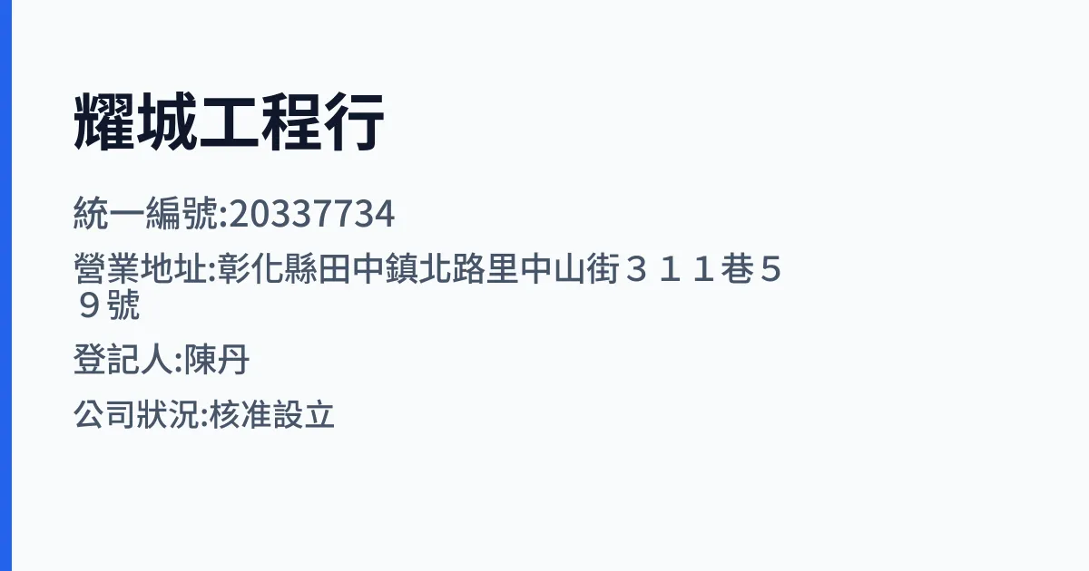 耀城工程行 - 統編 20337734(彰化縣) 公司登記資料與營業項目詳細圖表