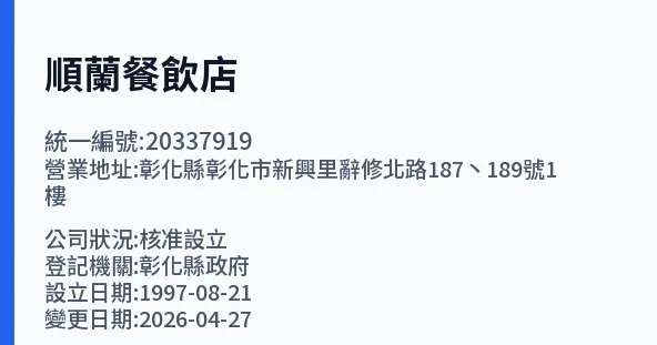 順蘭餐飲店的照片-統編 20337919(彰化縣) 公司登記資料與營業項目詳細圖表
