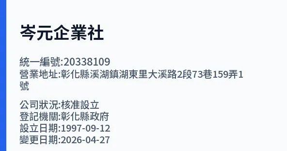 岑元企業社的照片-統編 20338109(彰化縣) 公司登記資料與營業項目詳細圖表