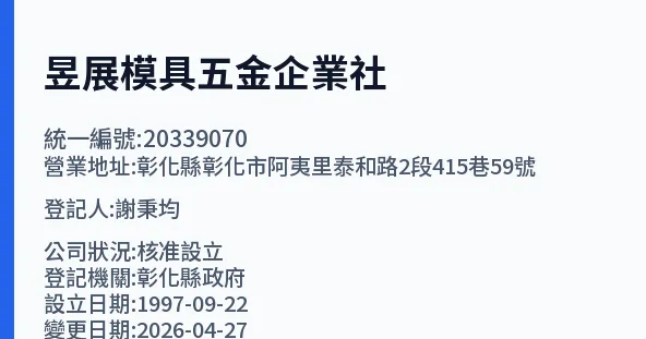 昱展模具五金企業社的照片-統編 20339070(彰化縣) 公司登記資料與營業項目詳細圖表