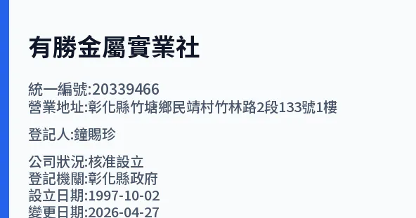 有勝金屬實業社的照片-統編 20339466(彰化縣) 公司登記資料與營業項目詳細圖表