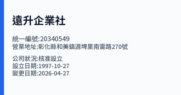 遠升企業社的照片-統編 20340549(彰化縣) 公司登記資料與營業項目詳細圖表