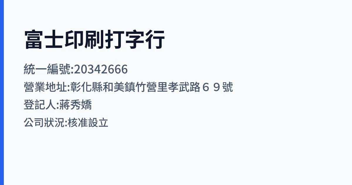 富士印刷打字行 - 統編 20342666(彰化縣) 公司登記資料與營業項目詳細圖表