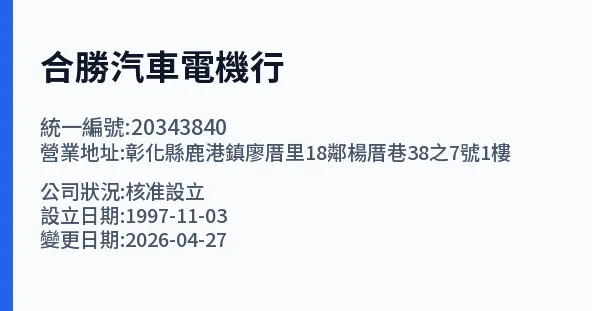 合勝汽車電機行的照片-統編 20343840(彰化縣) 公司登記資料與營業項目詳細圖表