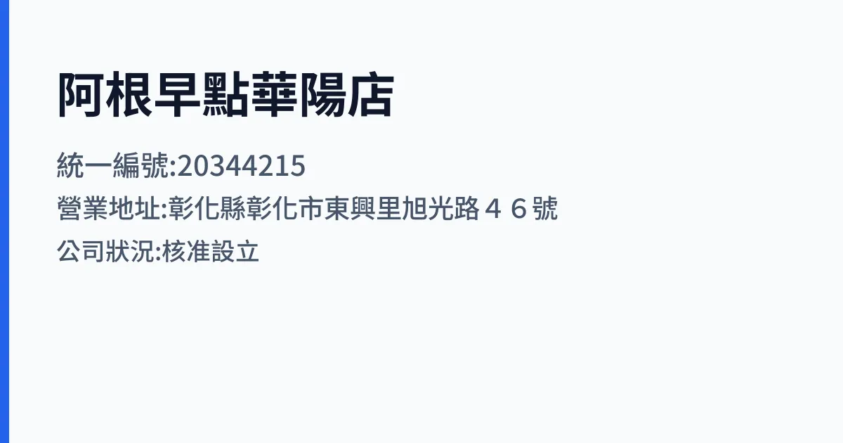 阿根早點華陽店 - 統編 20344215(彰化縣) 公司登記資料與營業項目詳細圖表