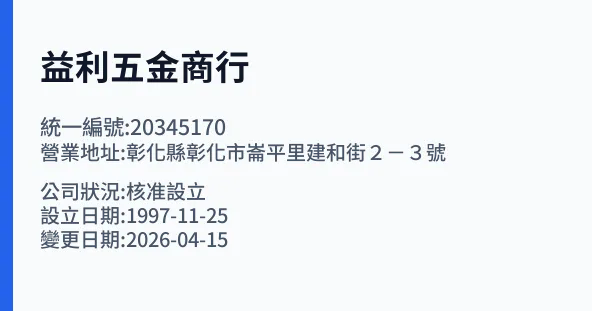 益利五金商行的照片-統編 20345170(彰化縣) 公司登記資料與營業項目詳細圖表