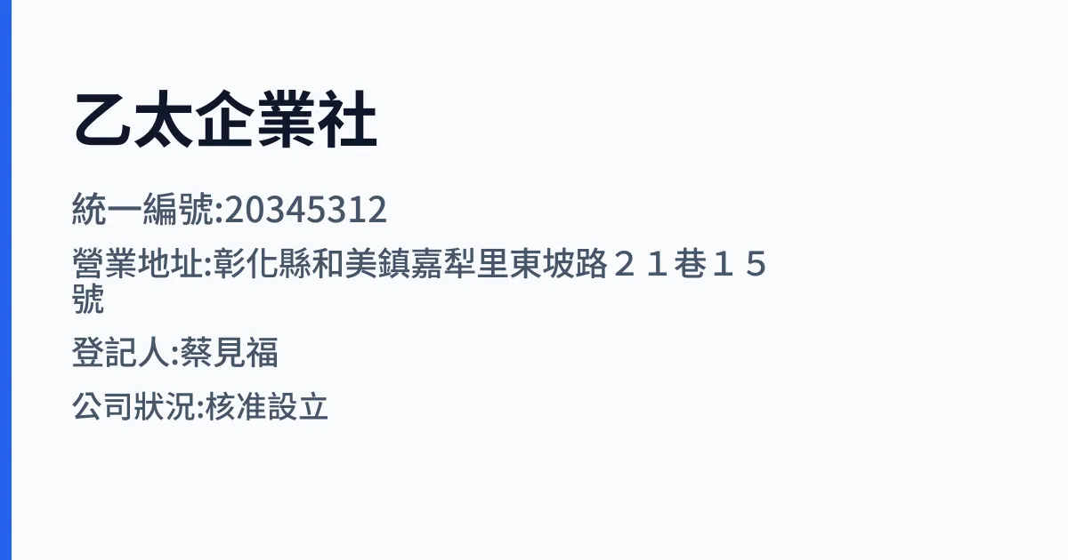乙太企業社 - 統編 20345312(彰化縣) 公司登記資料與營業項目詳細圖表
