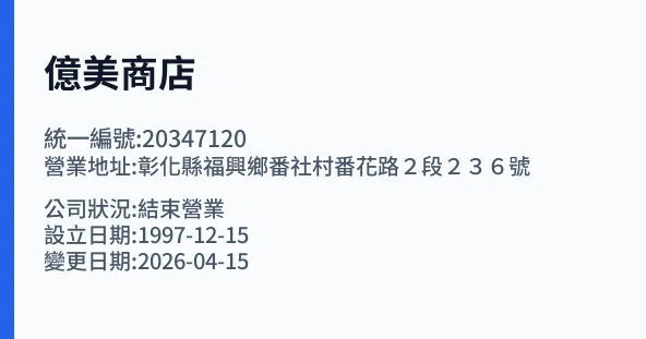 億美商店的照片-統編 20347120(彰化縣) 公司登記資料與營業項目詳細圖表