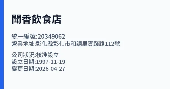 聞香飲食店的照片-統編 20349062(彰化縣) 公司登記資料與營業項目詳細圖表