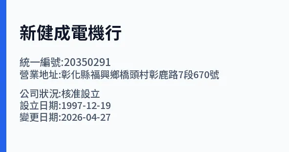 新健成電機行的照片-統編 20350291(彰化縣) 公司登記資料與營業項目詳細圖表