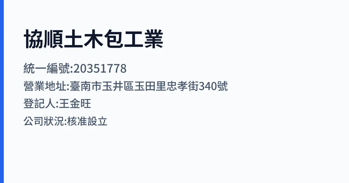 協順土木包工業 - 統編 20351778(臺南市) 公司登記資料與營業項目詳細圖表