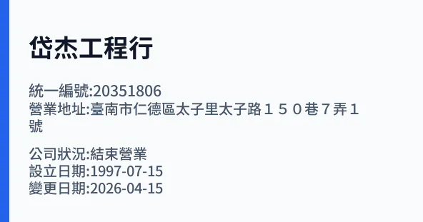 岱杰工程行的照片-統編 20351806(臺南市) 公司登記資料與營業項目詳細圖表