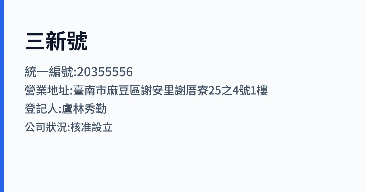 三新號 - 統編 20355556(臺南市) 公司登記資料與營業項目詳細圖表