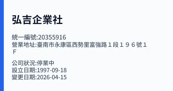 弘吉企業社的照片-統編 20355916(臺南市) 公司登記資料與營業項目詳細圖表