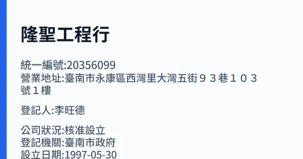 隆聖工程行的照片-統編 20356099(臺南市) 公司登記資料與營業項目詳細圖表