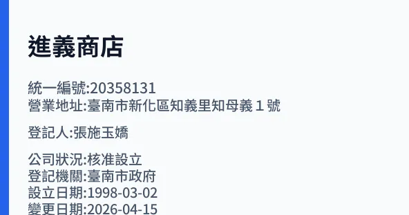 進義商店的照片-統編 20358131(臺南市) 公司登記資料與營業項目詳細圖表