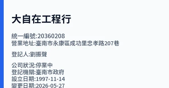 大自在工程行的照片-統編 20360208(臺南市) 公司登記資料與營業項目詳細圖表