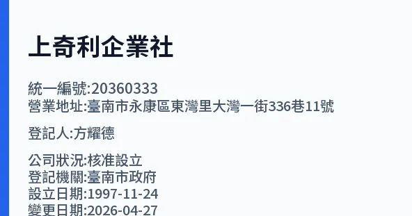 上奇利企業社的照片-統編 20360333(臺南市) 公司登記資料與營業項目詳細圖表