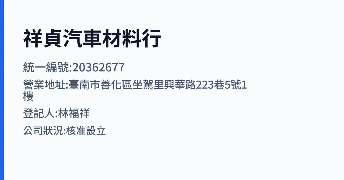祥貞汽車材料行 - 統編 20362677(臺南市) 公司登記資料與營業項目詳細圖表