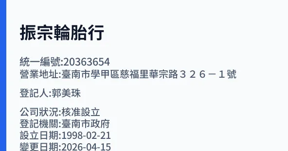 振宗輪胎行的照片-統編 20363654(臺南市) 公司登記資料與營業項目詳細圖表