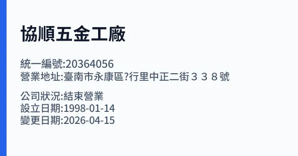 協順五金工廠的照片-統編 20364056(臺南市) 公司登記資料與營業項目詳細圖表