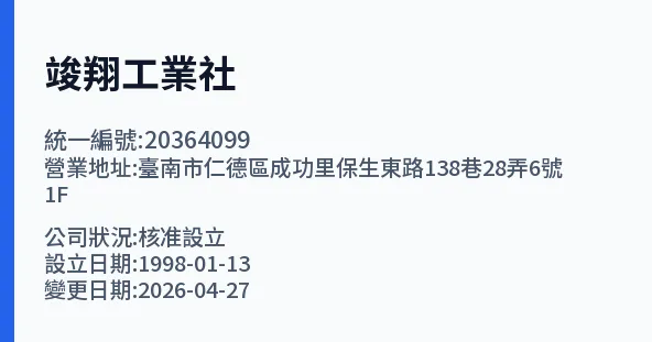 竣翔工業社的照片-統編 20364099(臺南市) 公司登記資料與營業項目詳細圖表