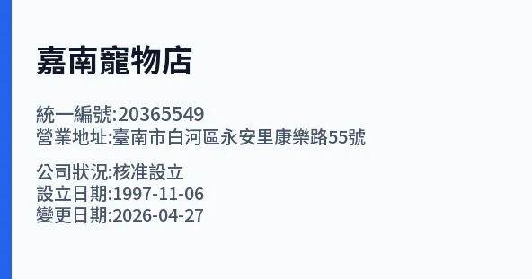嘉南寵物店的照片-統編 20365549(臺南市) 公司登記資料與營業項目詳細圖表