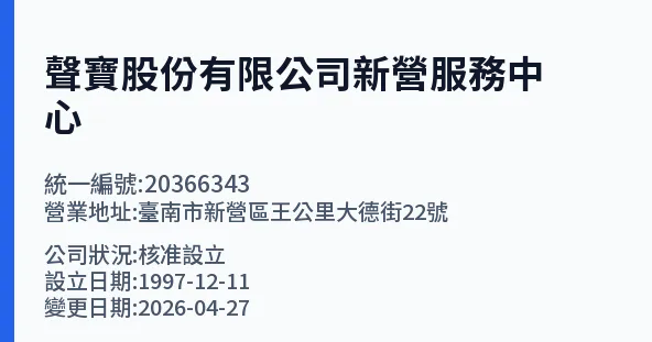 聲寶股份有限公司新營服務中心的照片-統編 20366343(臺南市) 公司登記資料與營業項目詳細圖表