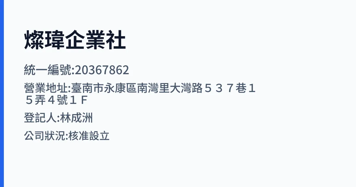 燦瑋企業社 - 統編 20367862(臺南市) 公司登記資料與營業項目詳細圖表