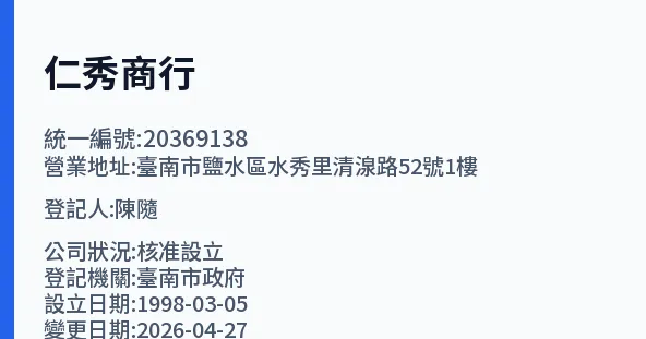 仁秀商行的照片-統編 20369138(臺南市) 公司登記資料與營業項目詳細圖表