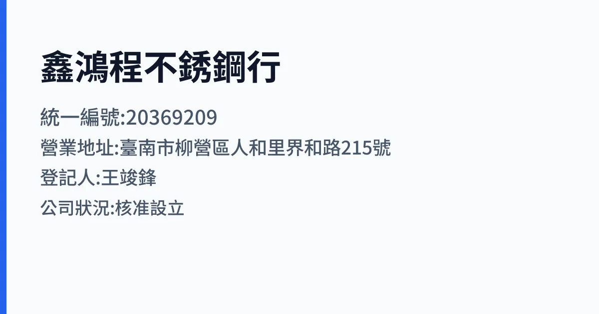 鑫鴻程不銹鋼行 - 統編 20369209(臺南市) 公司登記資料與營業項目詳細圖表