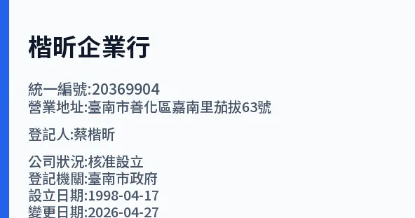 楷昕企業行的照片-統編 20369904(臺南市) 公司登記資料與營業項目詳細圖表