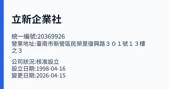 立新企業社的照片-統編 20369926(臺南市) 公司登記資料與營業項目詳細圖表