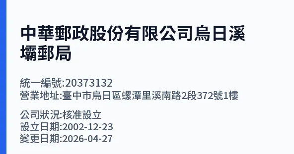 中華郵政股份有限公司烏日溪壩郵局的照片-統編 20373132(臺中市) 公司登記資料與營業項目詳細圖表