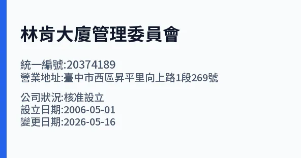 林肯大廈管理委員會的照片-統編 20374189(臺中市) 公司登記資料與營業項目詳細圖表