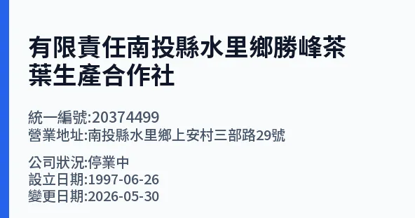 有限責任南投縣水里鄉勝峰茶葉生產合作社的照片-統編 20374499(南投縣) 公司登記資料與營業項目詳細圖表