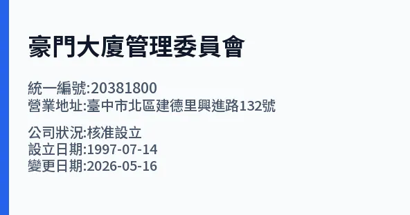 豪門大廈管理委員會的照片-統編 20381800(臺中市) 公司登記資料與營業項目詳細圖表