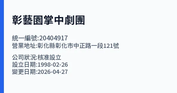 彰藝園掌中劇團的照片-統編 20404917(彰化縣) 公司登記資料與營業項目詳細圖表