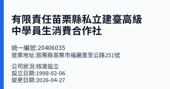 有限責任苗栗縣私立建臺高級中學員生消費合作社的照片-統編 20406035(苗栗縣) 公司登記資料與營業項目詳細圖表