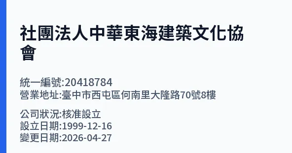 社團法人中華東海建築文化協會的照片-統編 20418784(臺中市) 公司登記資料與營業項目詳細圖表