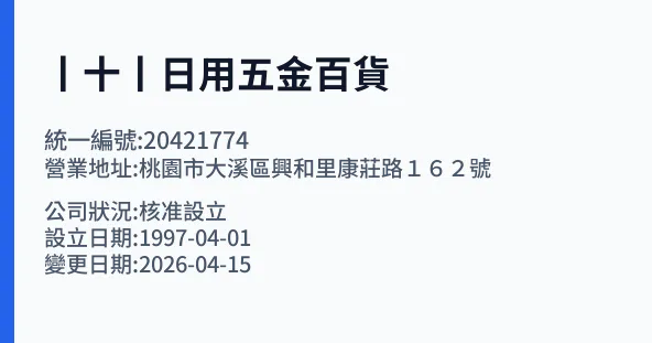 丨十丨日用五金百貨的照片-統編 20421774(桃園市) 公司登記資料與營業項目詳細圖表