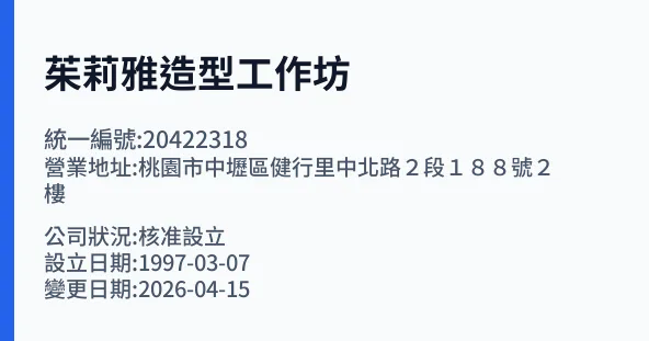茱莉雅造型工作坊的照片-統編 20422318(桃園市) 公司登記資料與營業項目詳細圖表