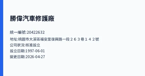 勝偉汽車修護廠的照片-統編 20422632(桃園市) 公司登記資料與營業項目詳細圖表