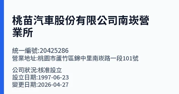 桃苗汽車股份有限公司南崁營業所的照片-統編 20425286(桃園市) 公司登記資料與營業項目詳細圖表