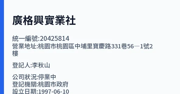 廣格興實業社的照片-統編 20425814(桃園市) 公司登記資料與營業項目詳細圖表